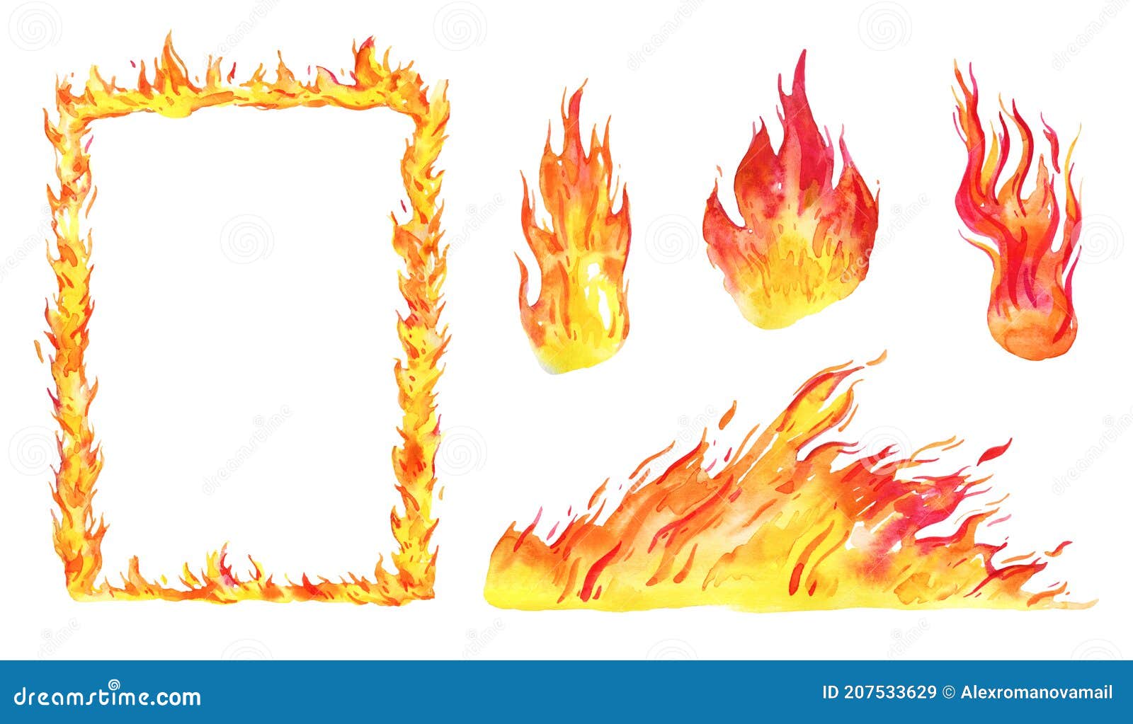 Different Fire Flames. Hand Drawn Watercolor Set. Isolated Illustration ...