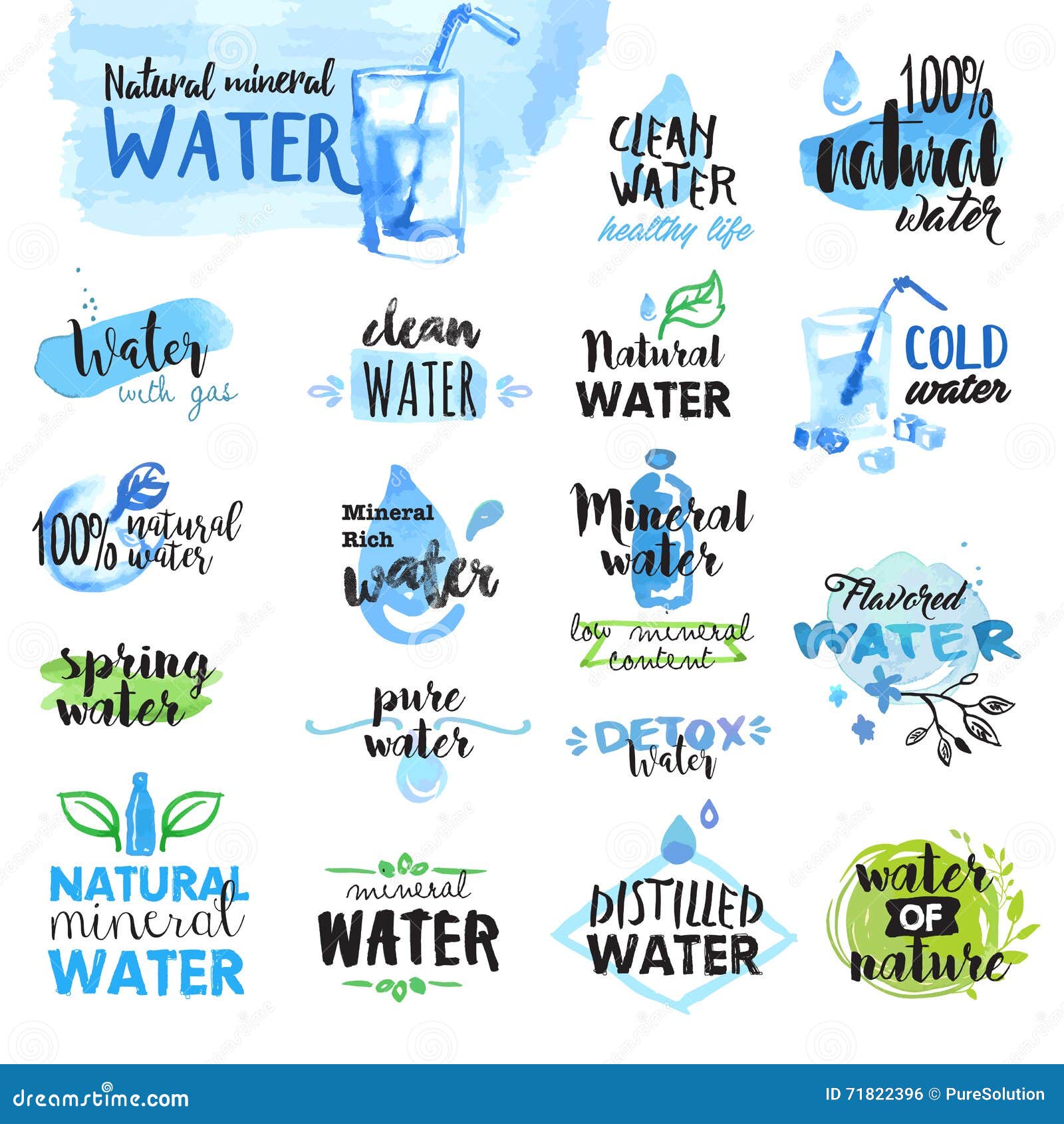 Set of Hand Drawn Watercolor Labels and Badges of Water Stock ...