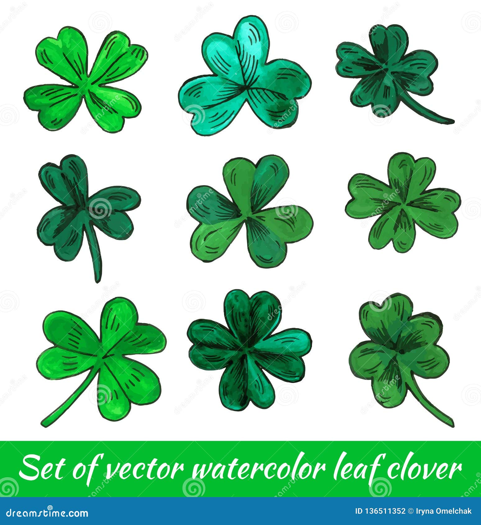 Set of Hand Drawn Watercolor Leaf Clover Isolated on a White Background ...