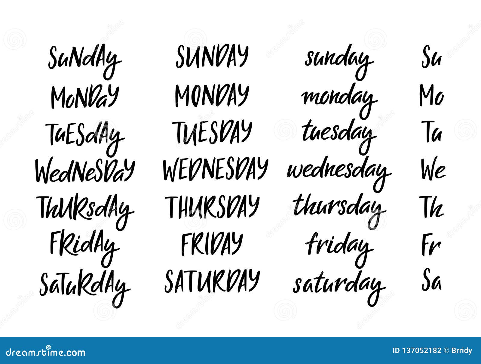 Set of Hand Drawn Week Days in Different Letter Case. Vector ...