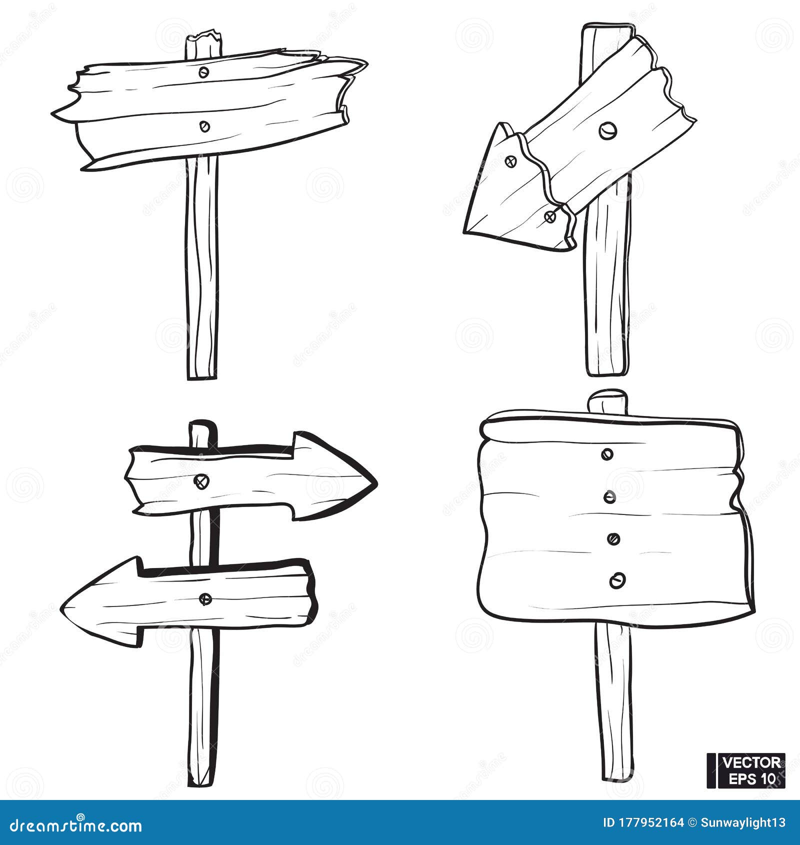 Set, Hand-drawn Wooden Signposts Stock Illustration - Illustration of ...