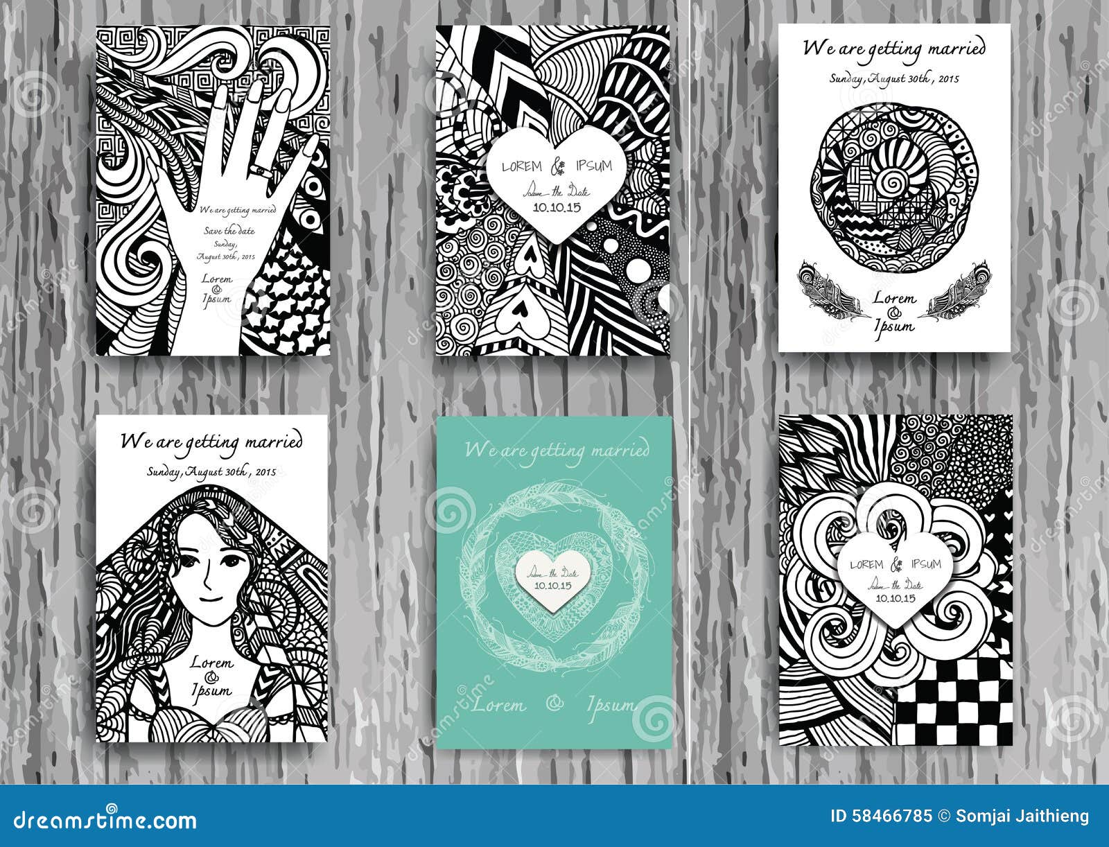 Set of Hand Drawn Zentangle on A4 Template for Print. Wedding Card ...