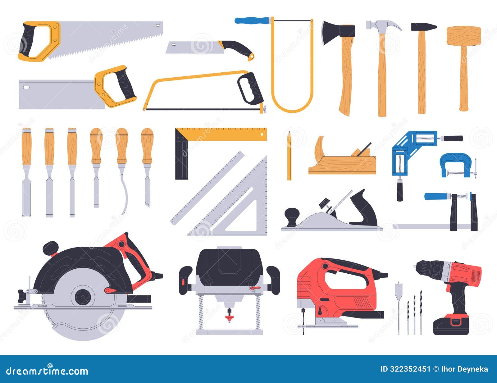 A Set of Hand and Electric Carpentry Tools. Items for Wood Processing ...