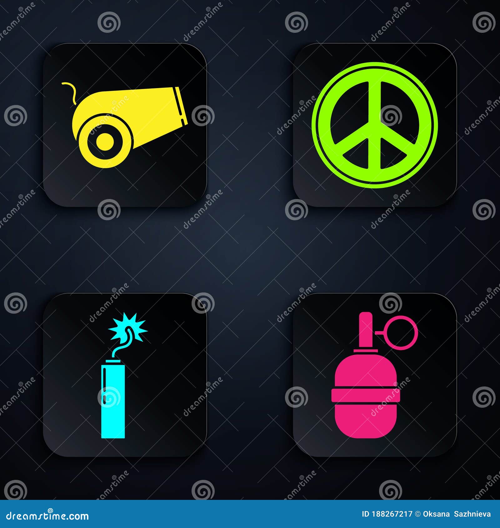 Set Hand Grenade, Cannon, Dynamite Bomb Stick Clock and Peace. Black ...