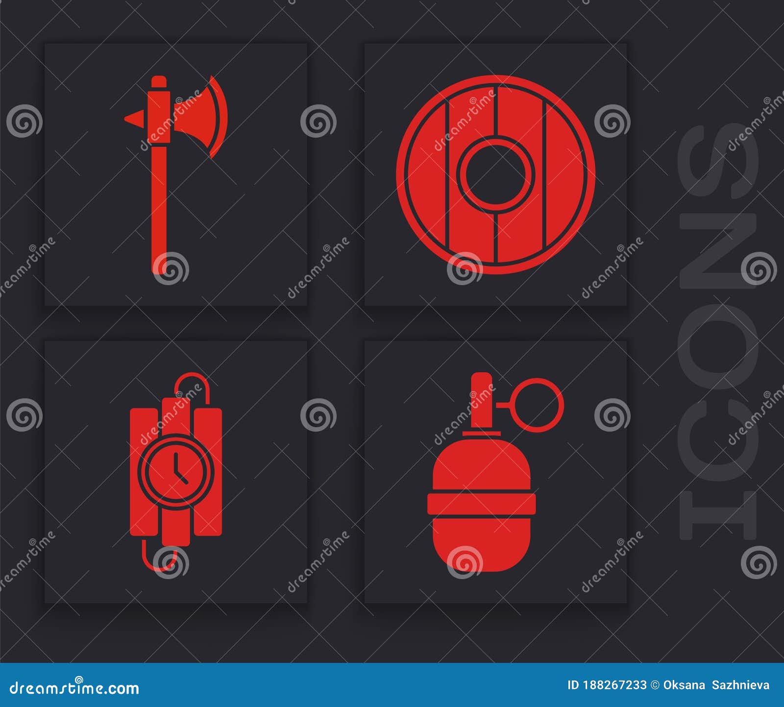 Set Hand Grenade, Medieval Axe, Round Wooden Shield and Dynamite Stick ...