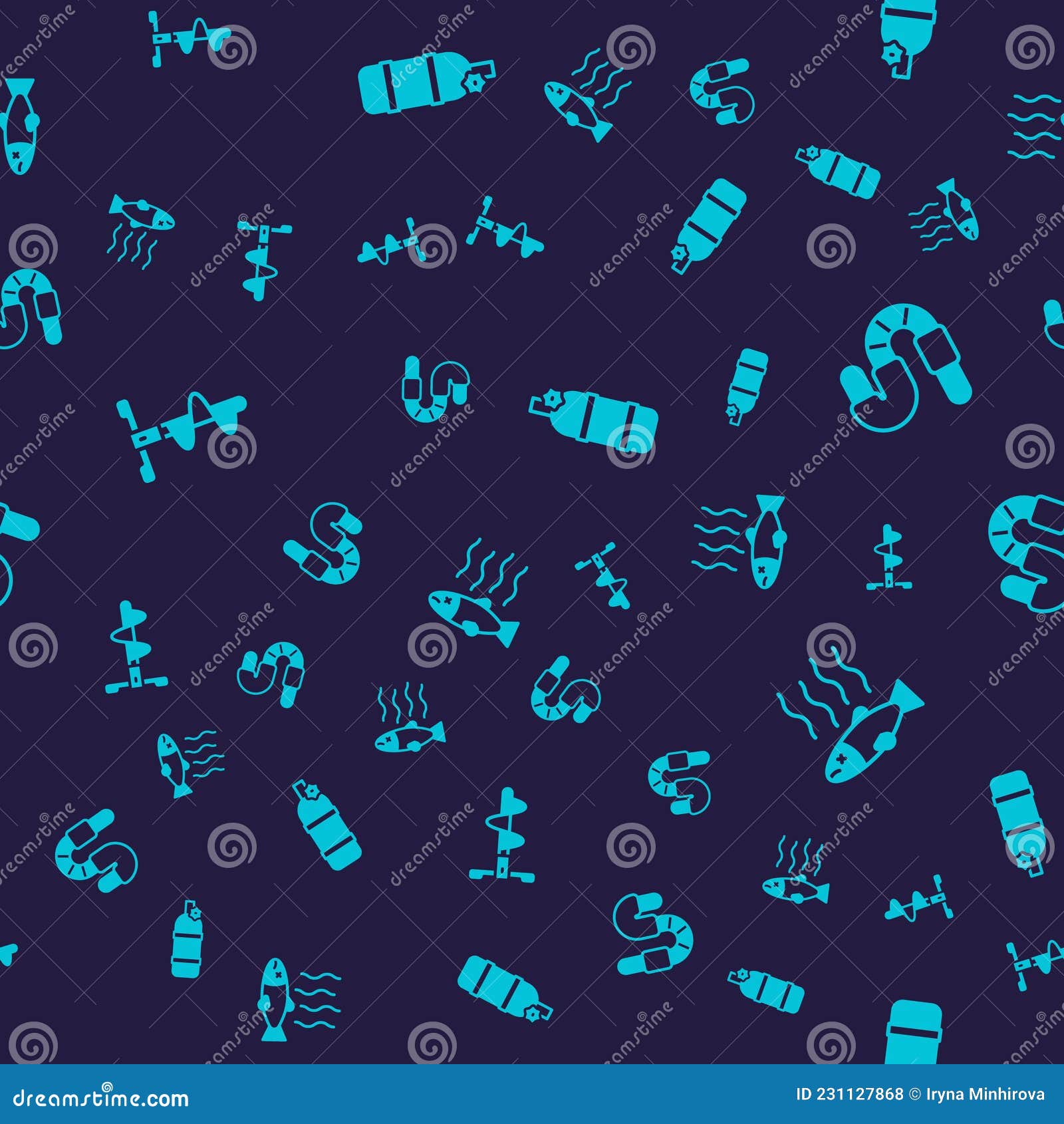 Set Hand Ice Drill, Worm, Aqualung and Dead Fish on Seamless Pattern ...