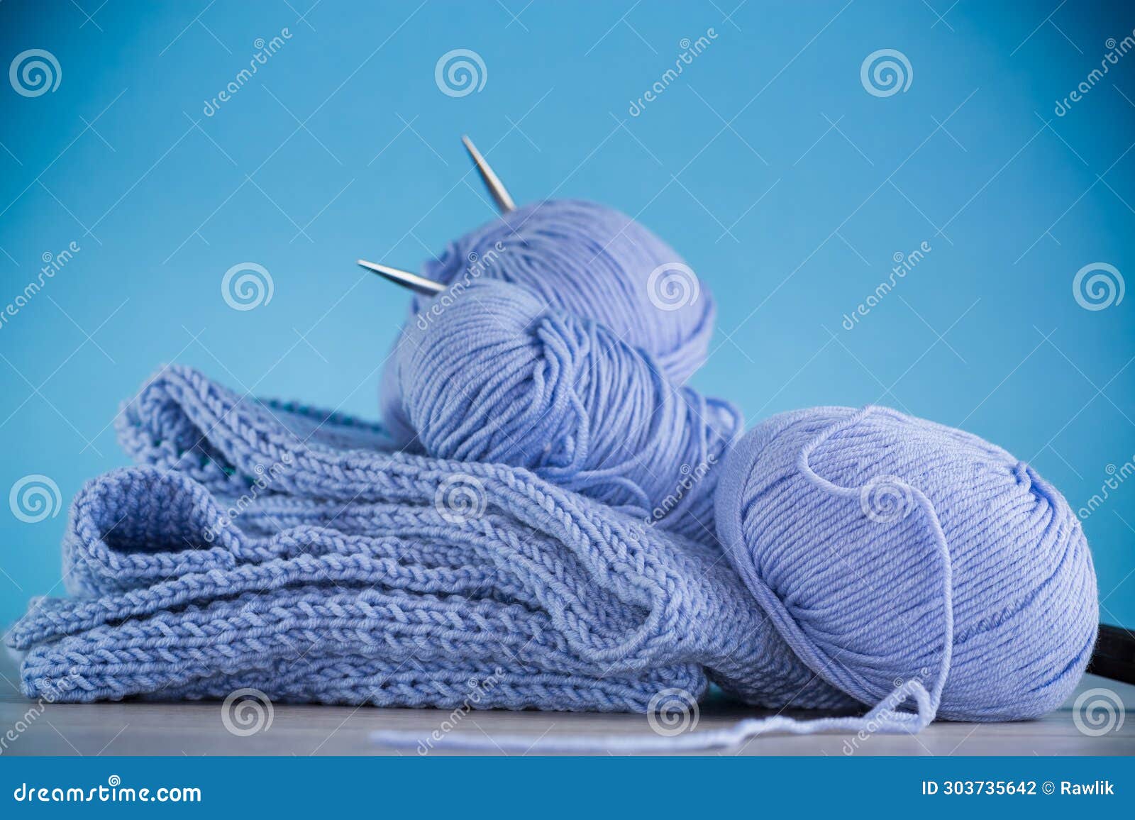 Set for Hand Knitting, Blue Yarn, Knitting Needles. Stock Photo - Image ...