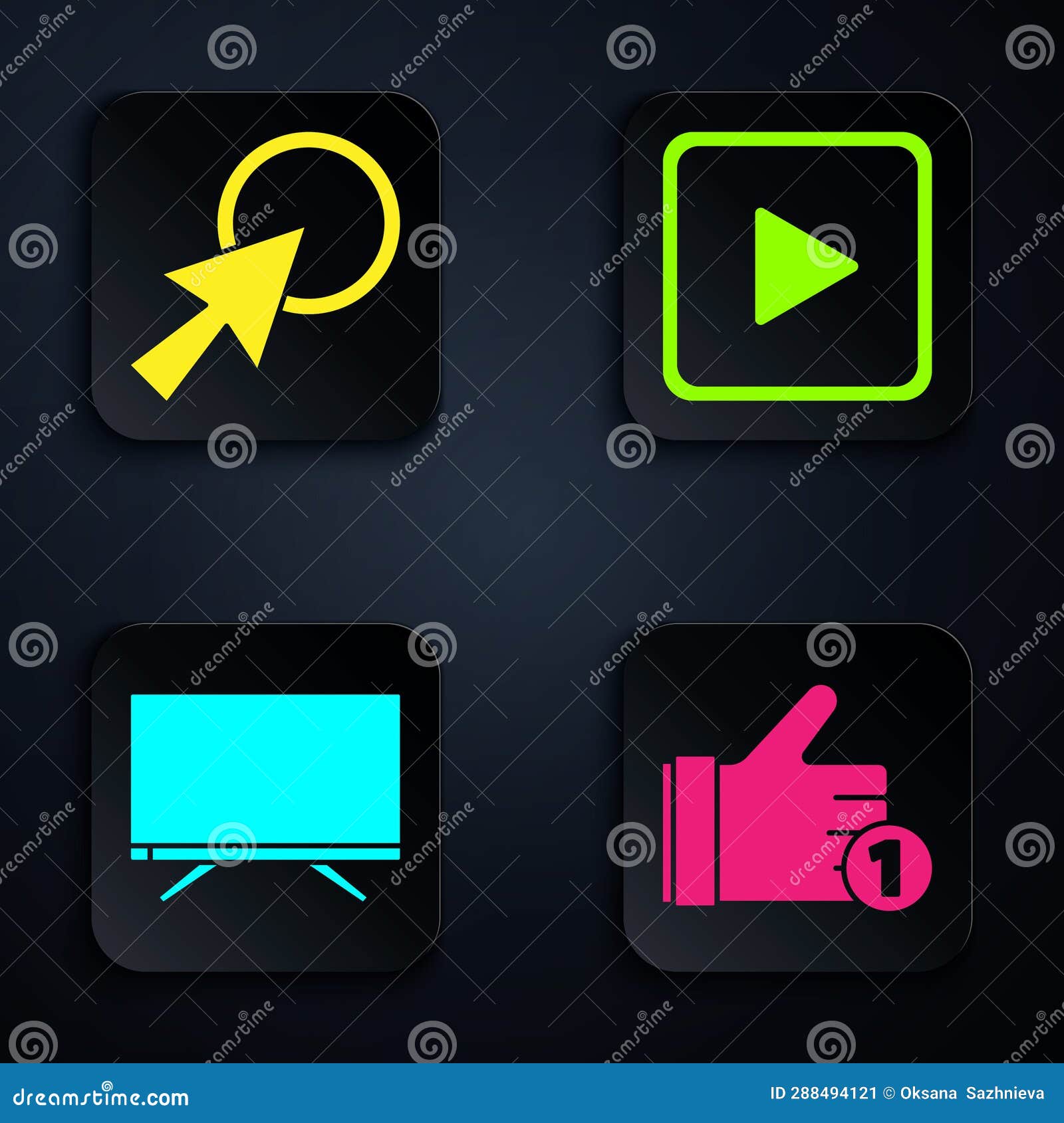 Set Hand Like, Arrow Cursor, Smart Tv and Play in Square. Black Square ...