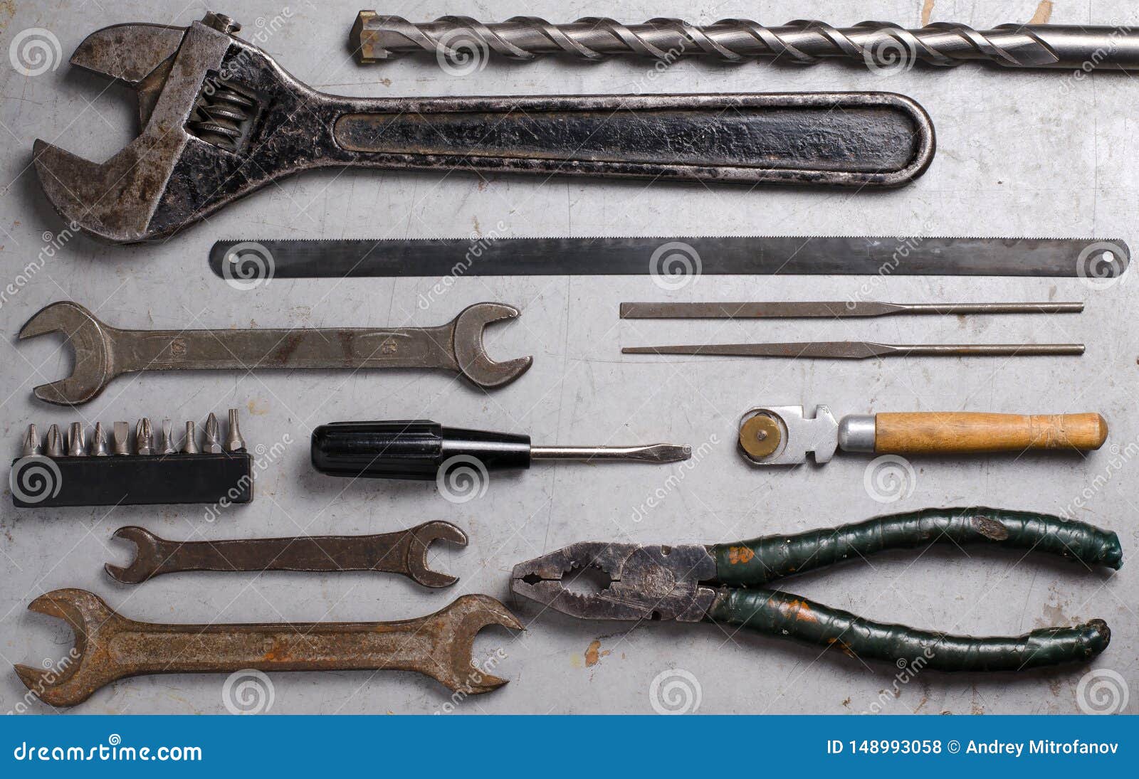 Set of Hand Old Tools on Grey Background Stock Photo - Image of ...