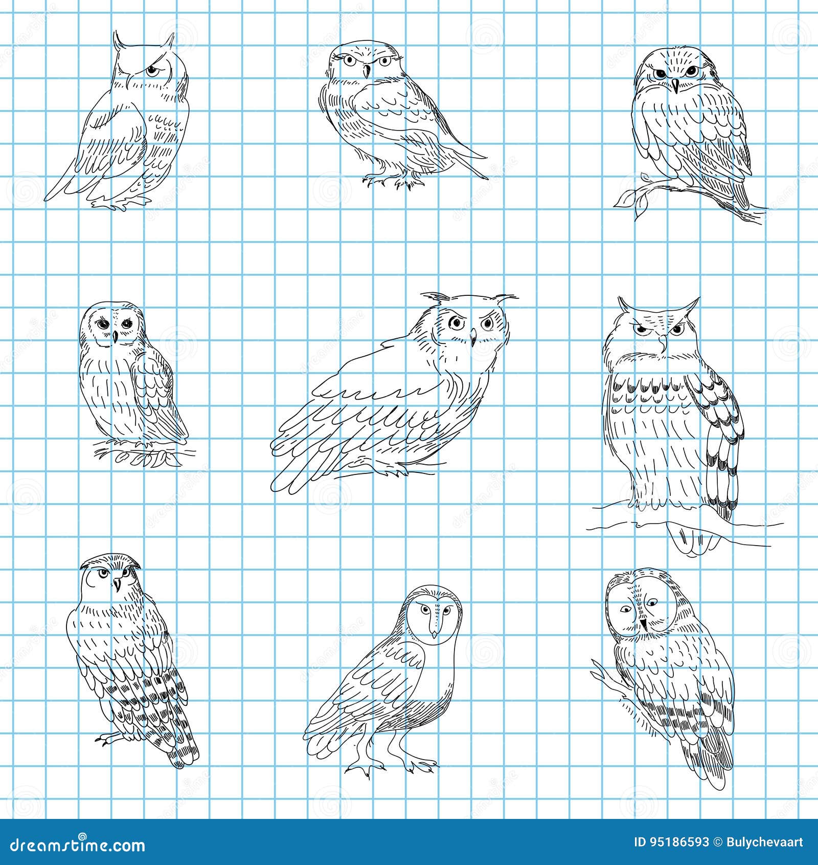 Set of Hand-painted Owls on a Notebook Sheet Stock Vector ...