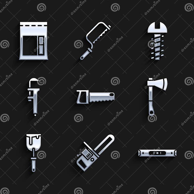 Set Hand Saw, Chainsaw, Construction Bubble Level, Wooden Axe, Putty ... Set Hand Saw, Chainsaw, Construction Bubble Level, Wooden Axe, Putty ...