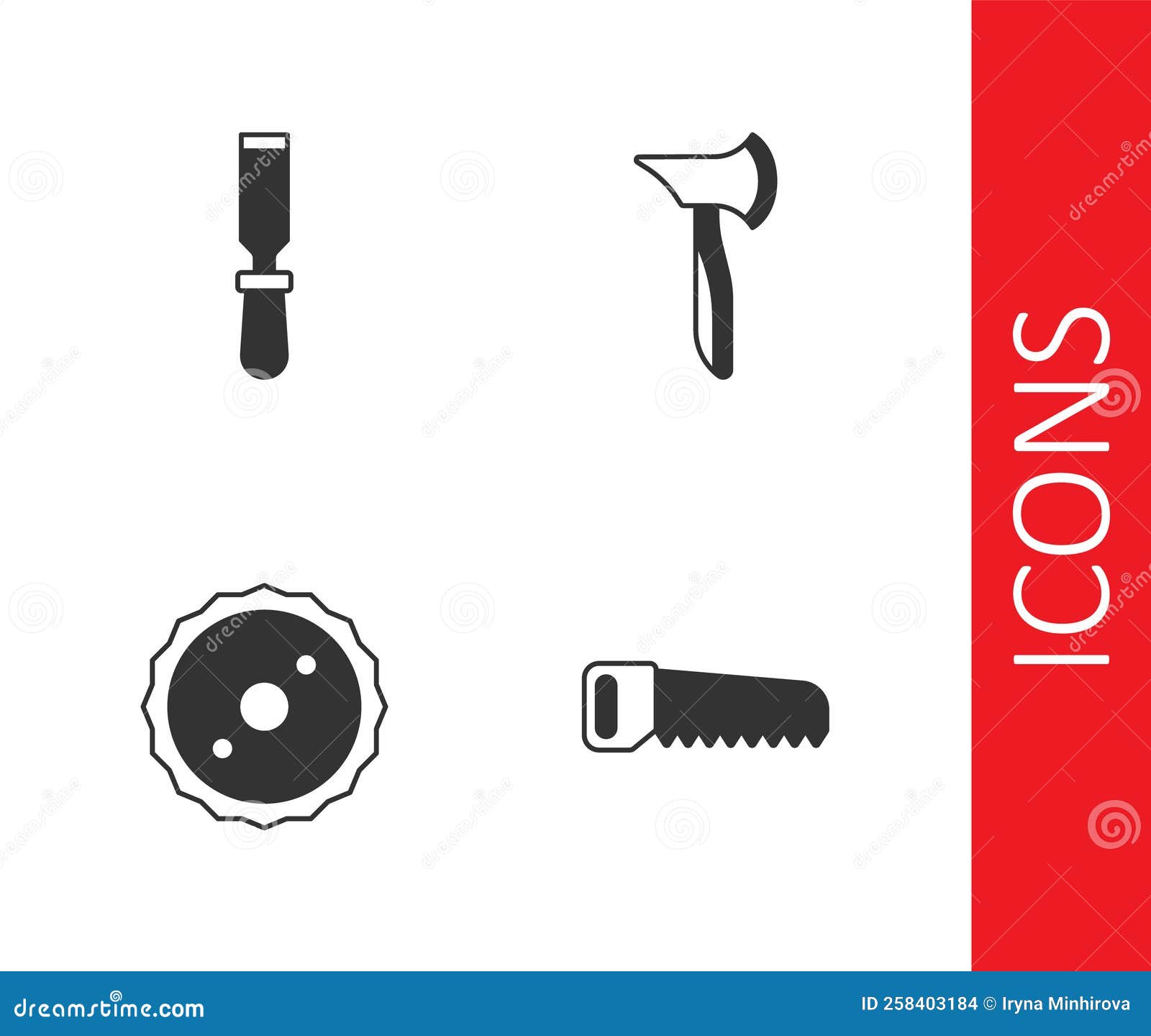 Set Hand Saw, Chisel Tool, Circular Blade and Wooden Axe Icon. Vector ...