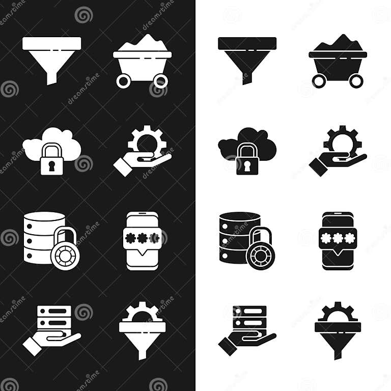 Set Hand Settings Gear, Cloud Computing Lock, Sales Funnel, Coal Mine Trolley, Server Security ...