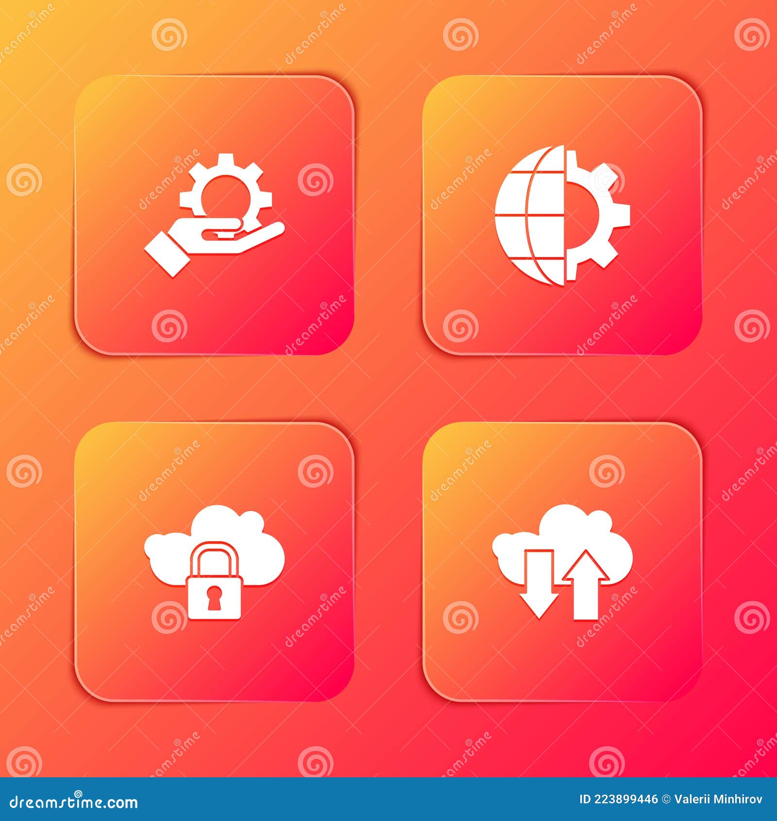 Set Hand Settings Gear, Globe of the Earth, Cloud Computing Lock and Download Upload Icon ...