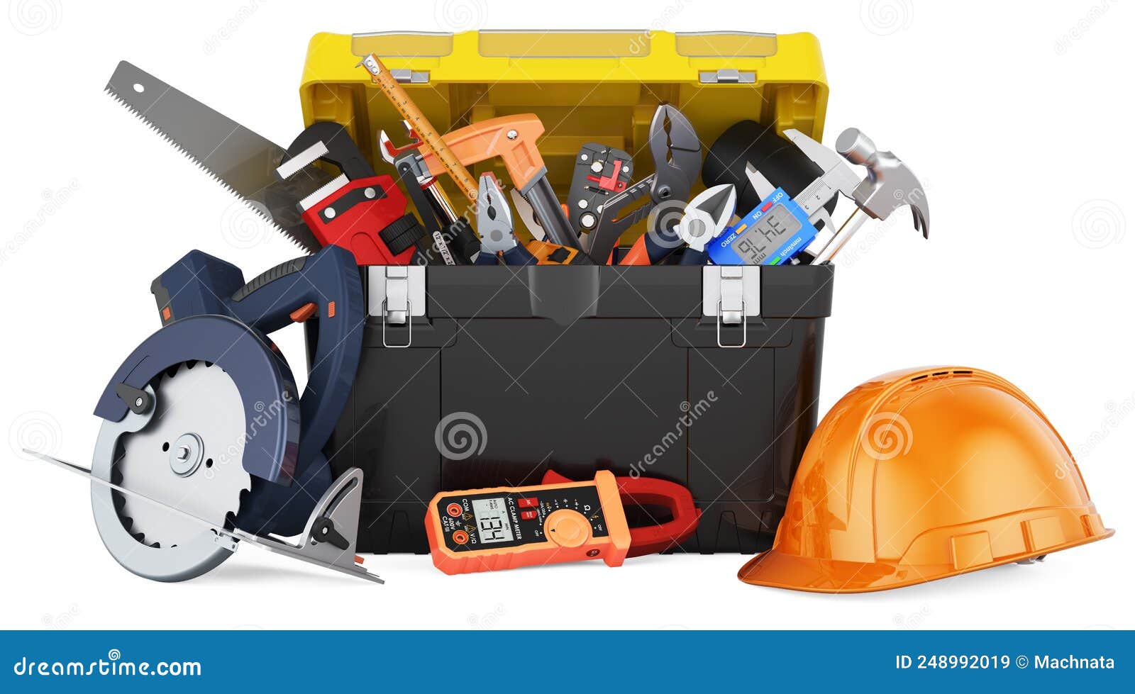 Set of Hand Tools with Plastic Toolbox, 3D Rendering Stock Illustration ...