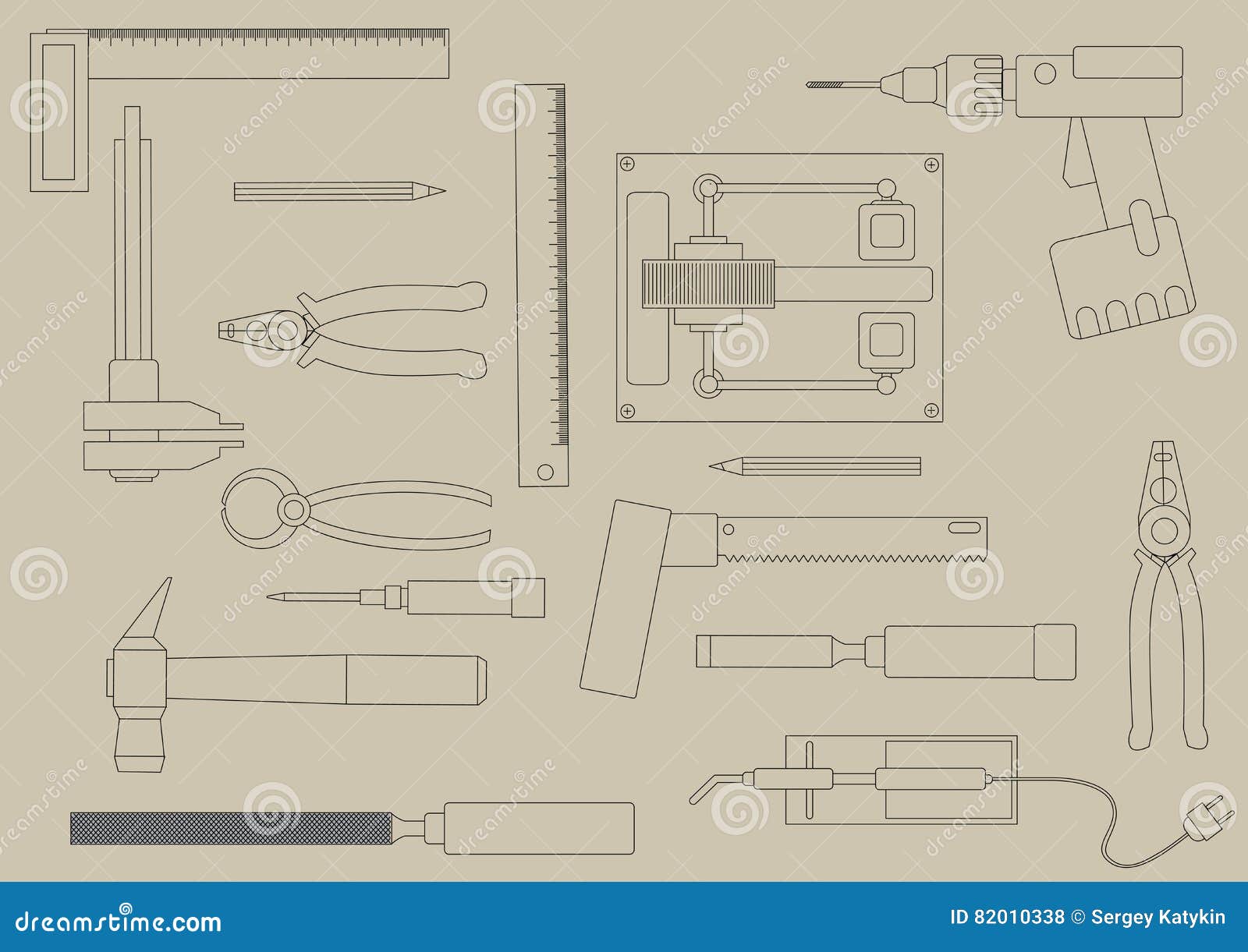 Set of Hand Tools for Productive Work. Stock Vector - Illustration of ...