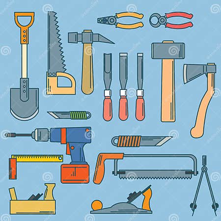 Set of Hand Tools for Productive Work. Stock Vector - Illustration of ...