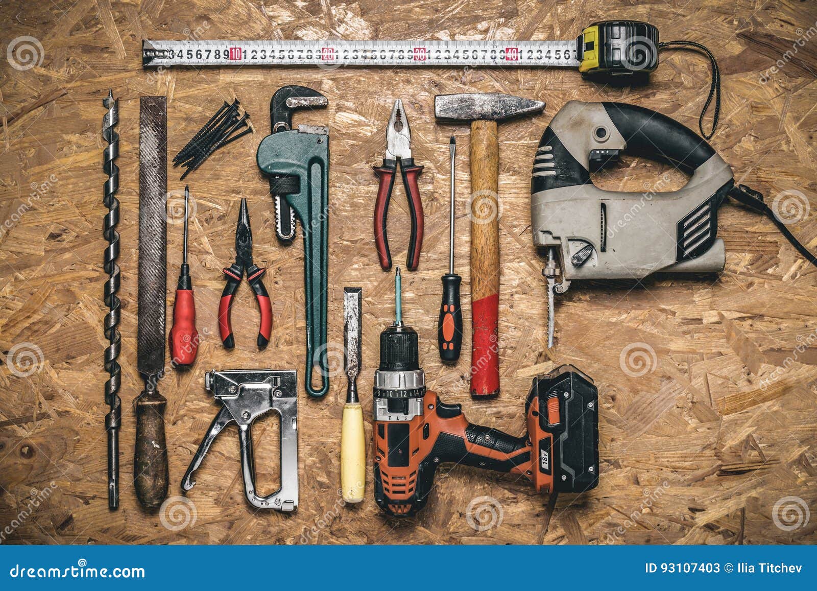 A Set of Hand Tools for Working on Wood on the Panel of OSB Stock Image ...