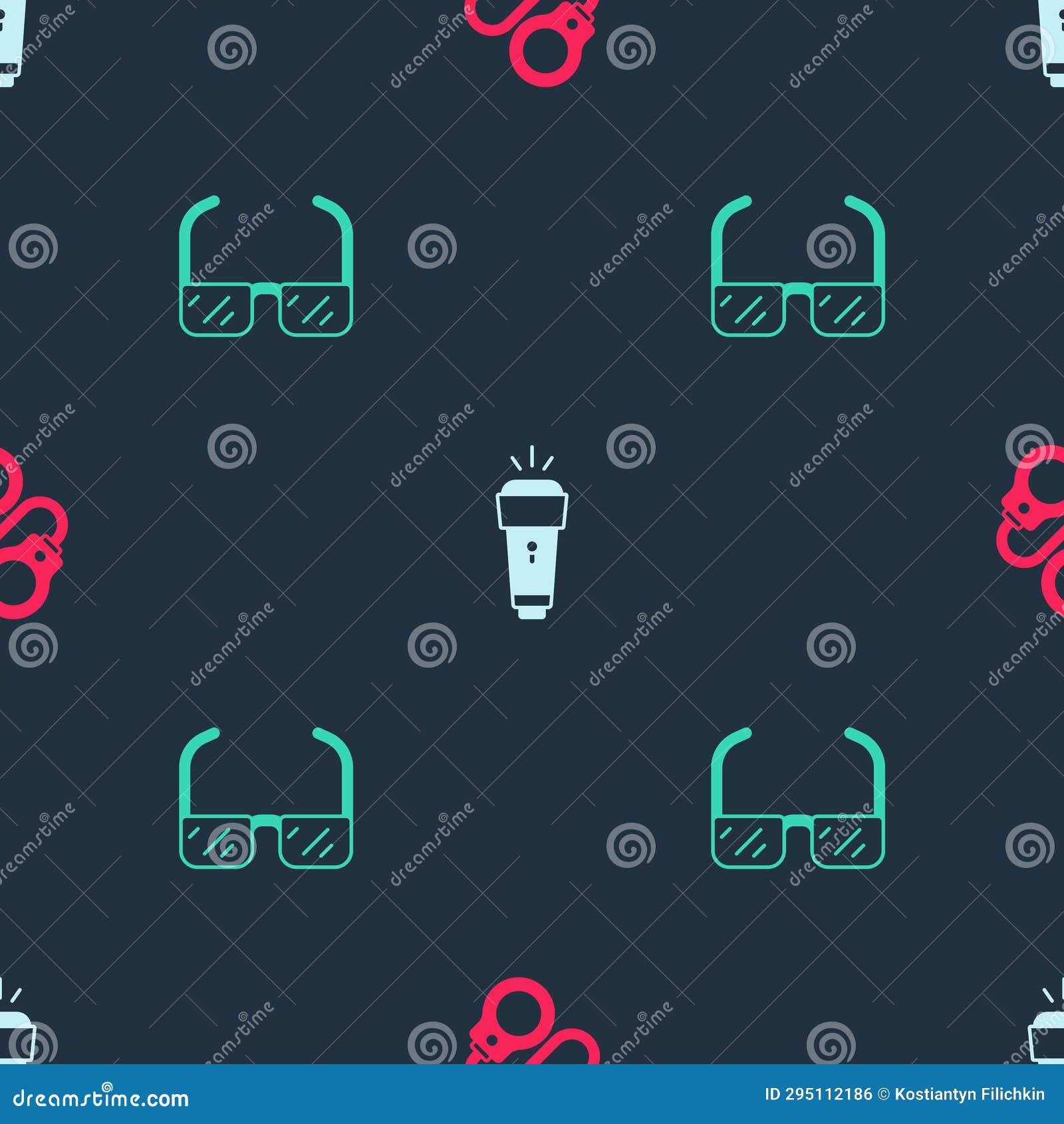 Set Handcuffs, Flashlight and Safety Goggle Glasses on Seamless Pattern ...