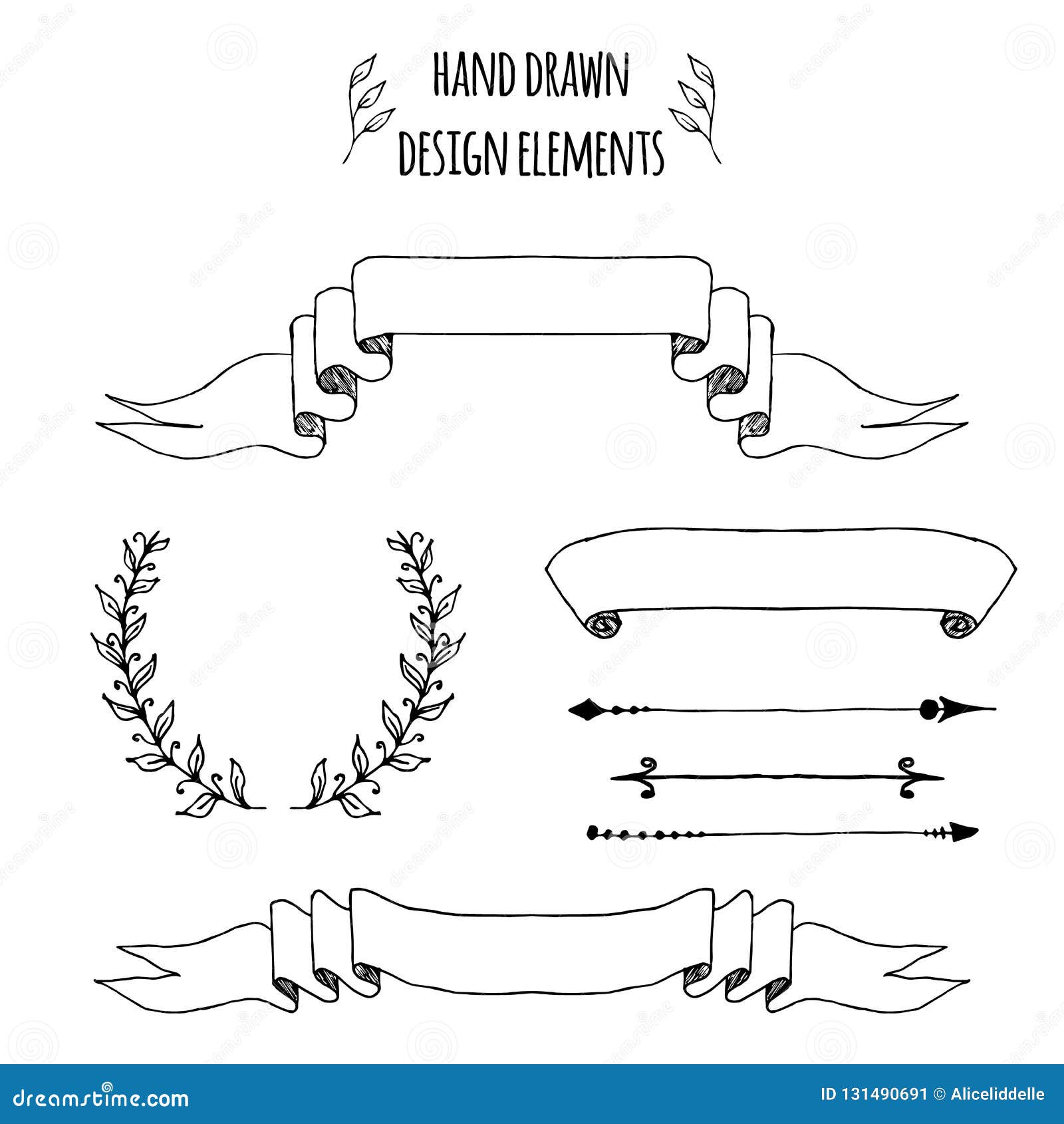 Set of Handdrawn Vintage Elements. Ribbons, Arrows, Page Deviders ...
