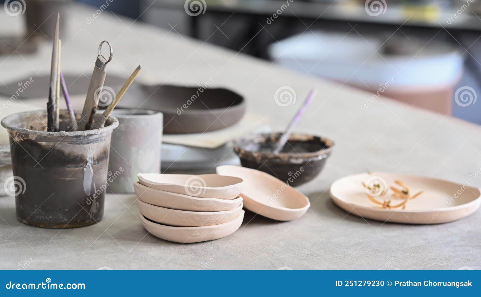 Set of Handmade Ceramic Crockery on Table in Creative Studio or Potter ...