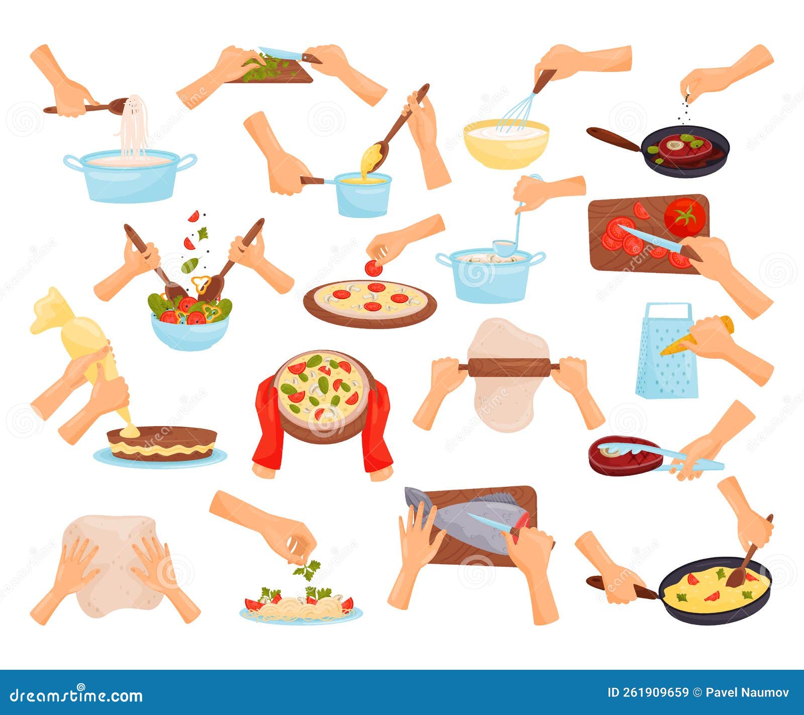 Set of Hands Cooking with Kitchen Tools. Hands Rolling Dough with ...