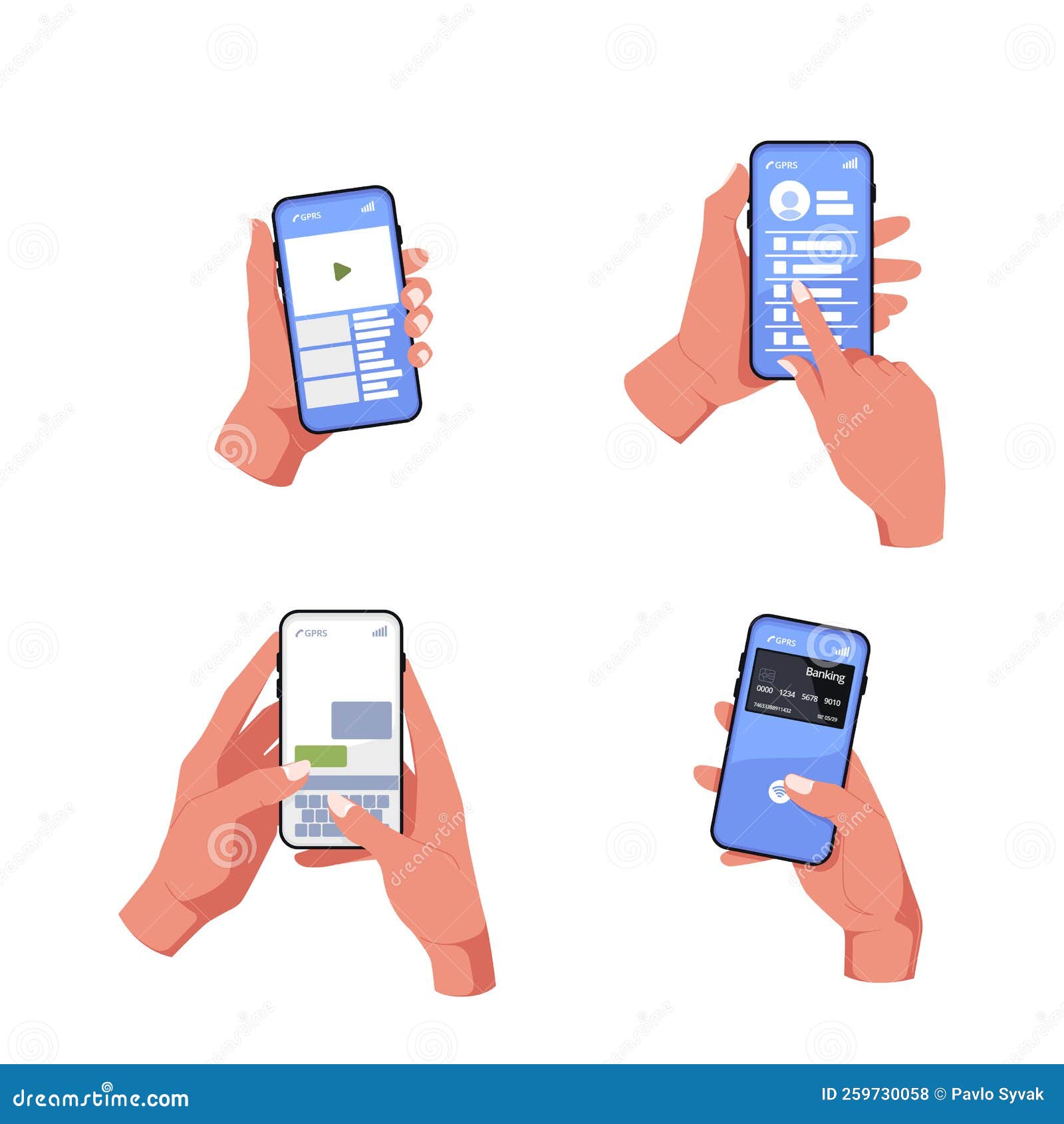 Set Hands Holding Mobile Phones Fingers Touching Tapping Scrolling
