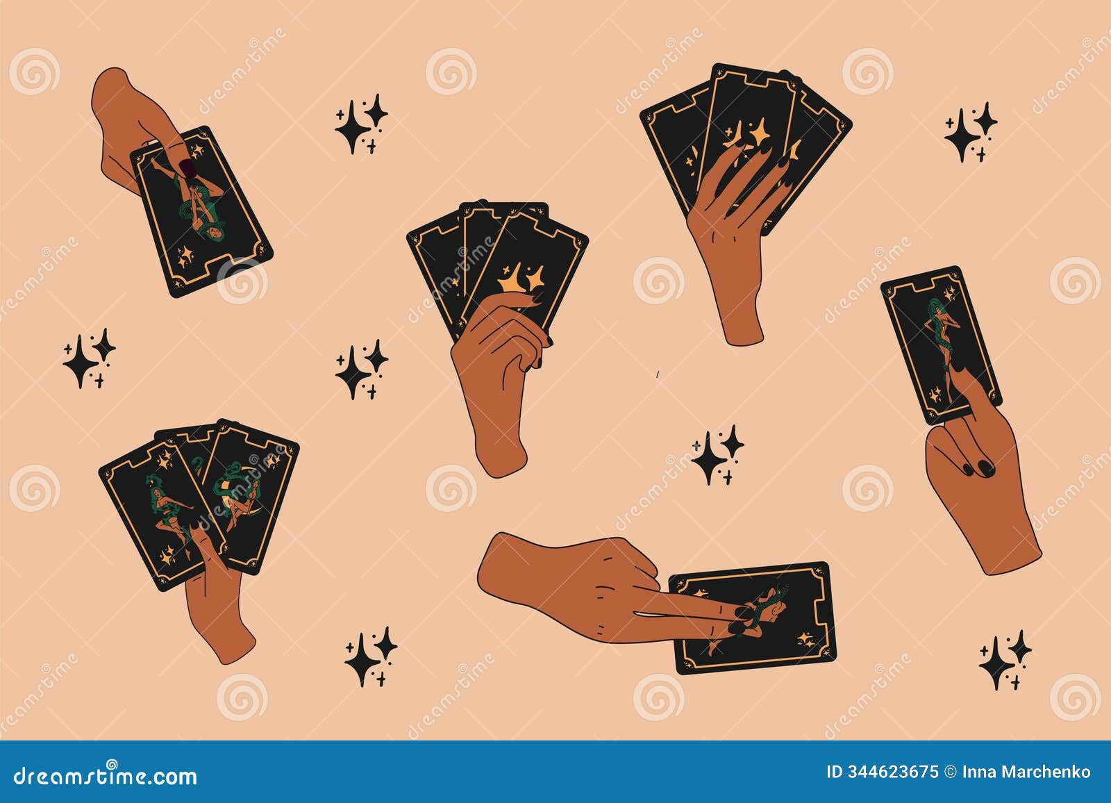 A Set of Hands Holding Tarot Cards with Different Symbols Stock ...