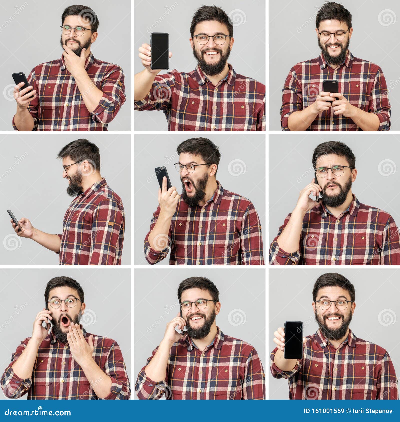 Set of Handsome Emotional Man Using Mobile Phone Stock Image - Image of ...