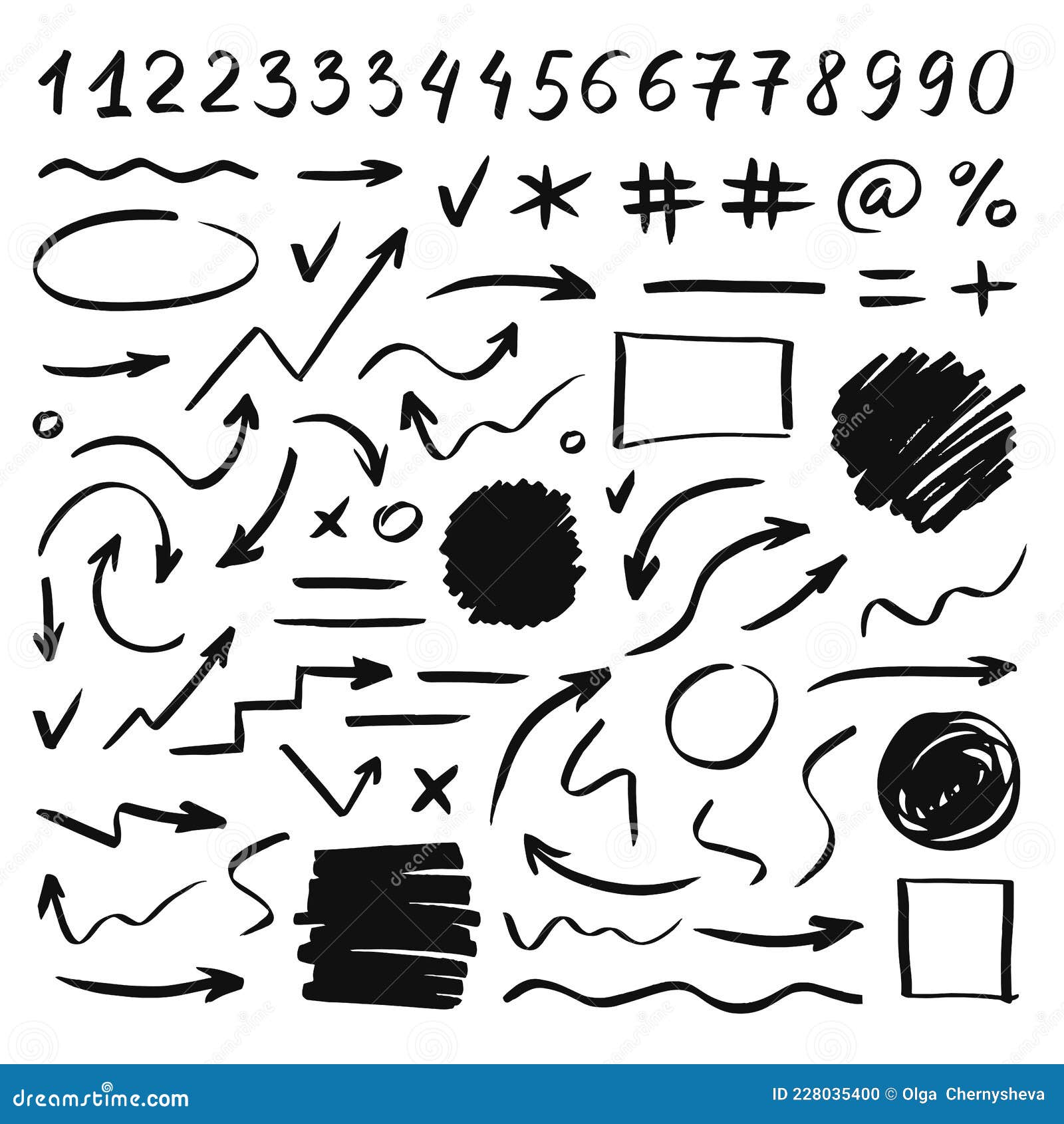 Set of Handwritten Numbers, Signs, Arrows and Stains. Vector Isolated ...