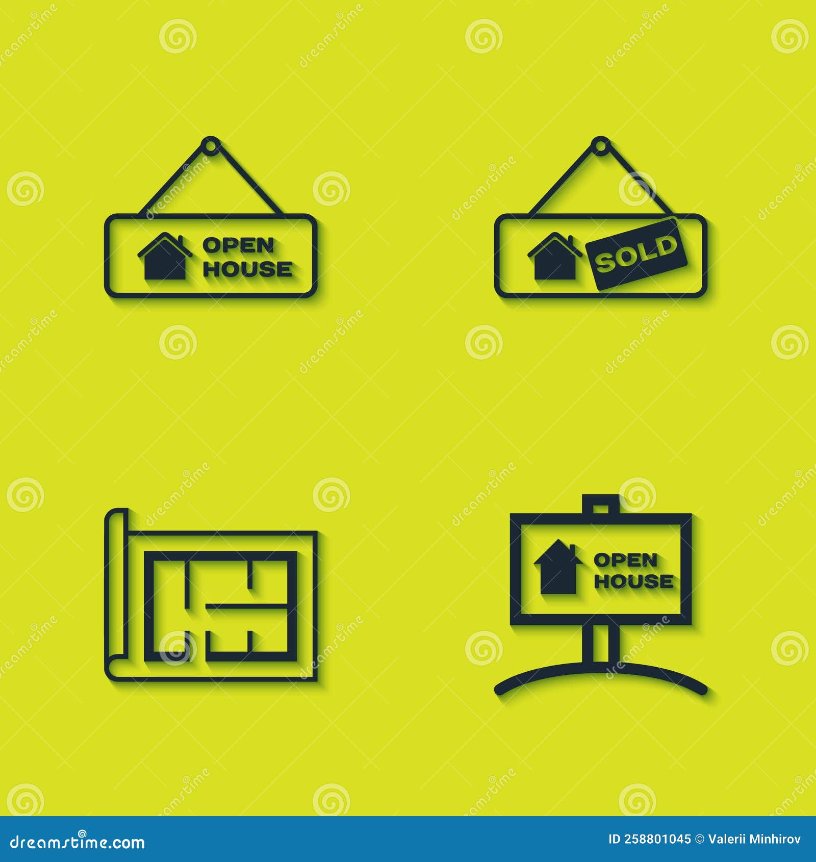 Set Hanging Sign with Open House, , House Plan and Sold Icon. Vector ...