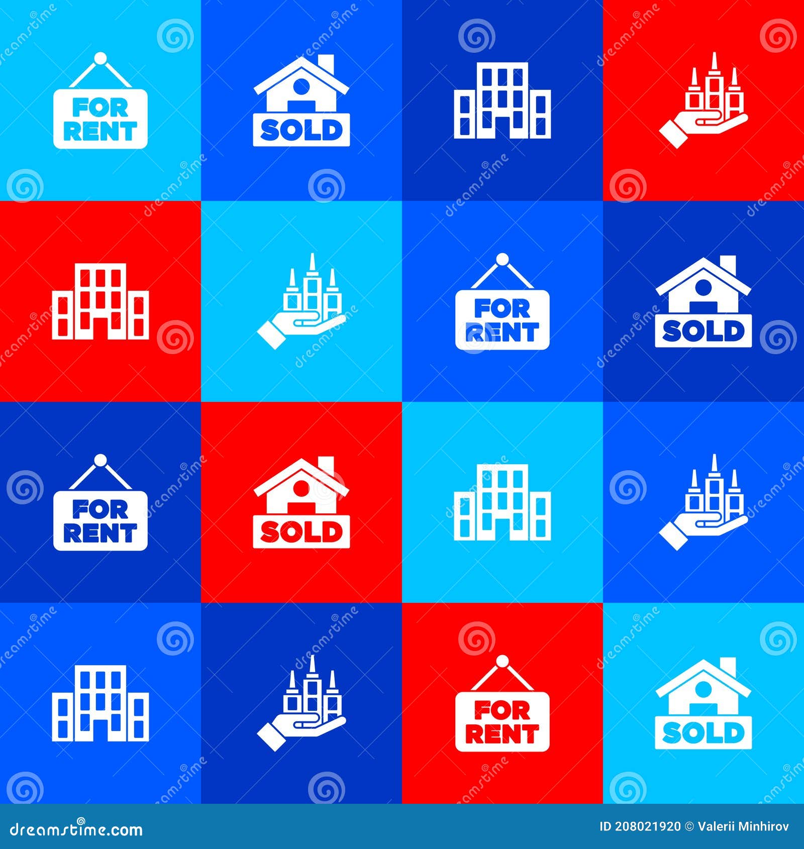 Set Hanging Sign with for Rent, Text Sold, House and Skyscraper Icon ...