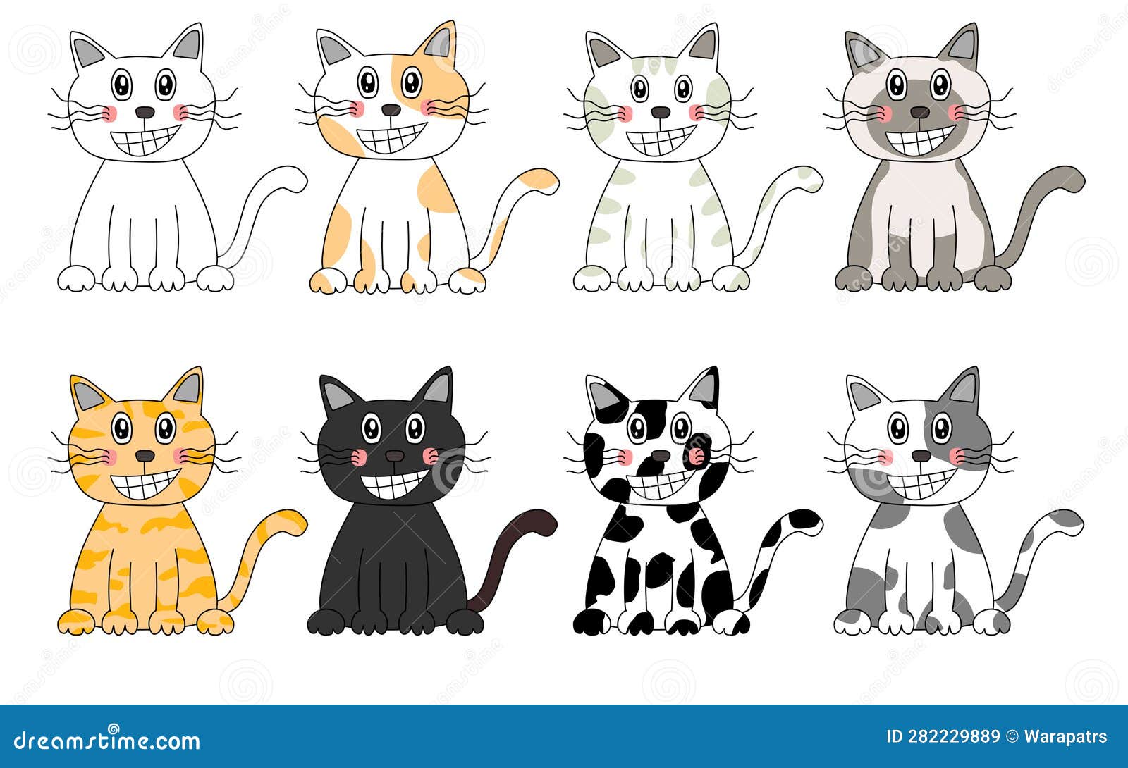 Set of Happy Cat Doodle Art Design Stock Illustration - Illustration of ...