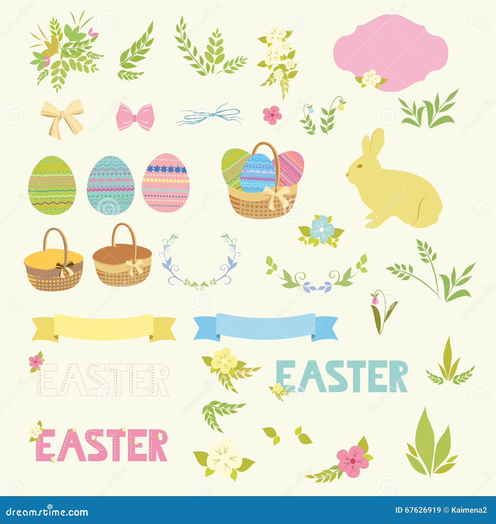 Set of Happy Easter Design Elements Eggs, Ribbons, Frames, Floral. Stock Vector - Illustration ...