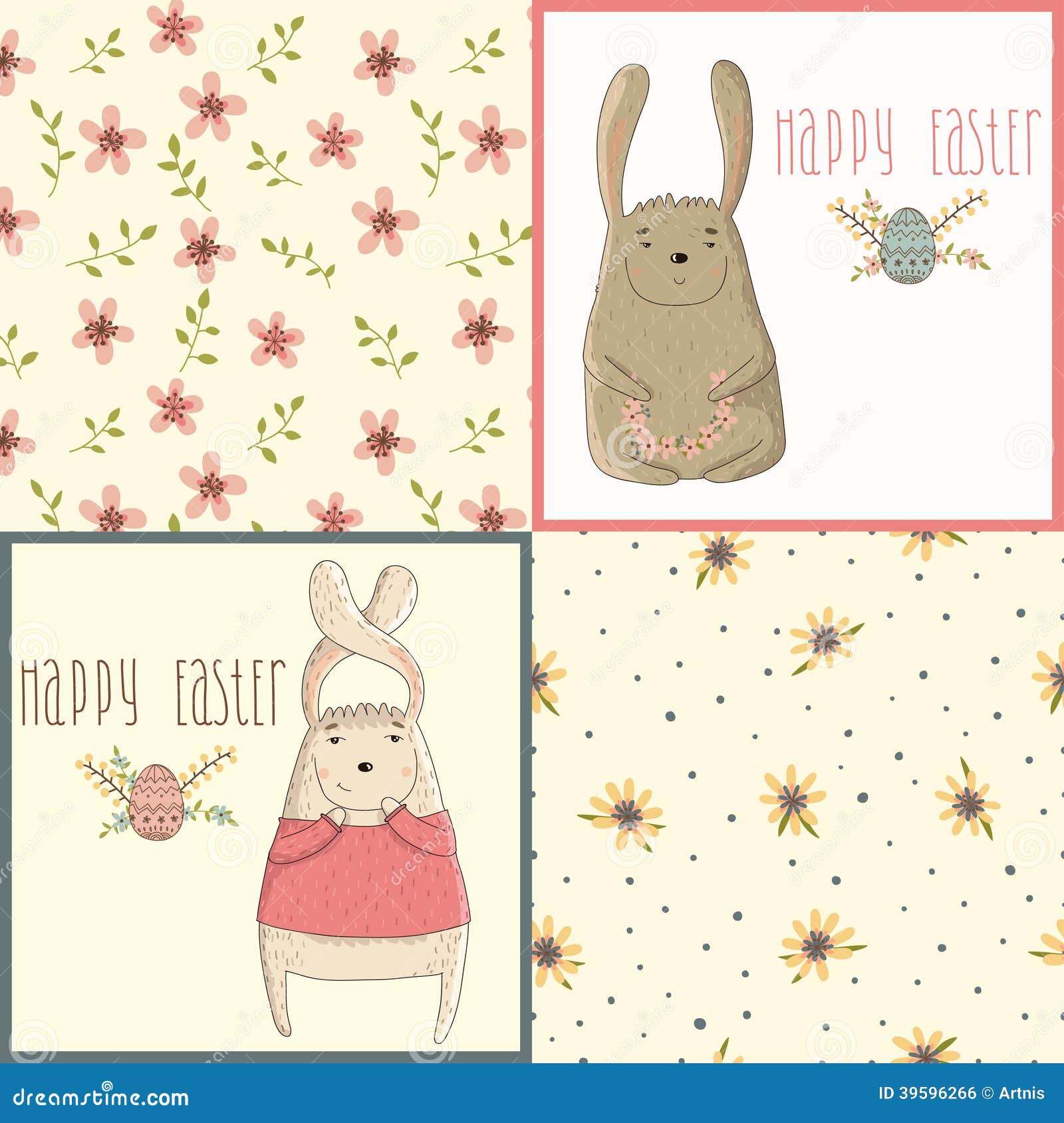 Set a Happy Easter Greeting Card with Cute Bunny. Stock Vector ...