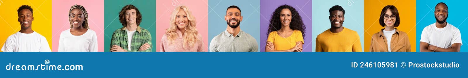 Set with Happy Faces of Multicultural People Posing Over Colorful ... Set with Happy Faces of Multicultural People Posing Over Colorful ...