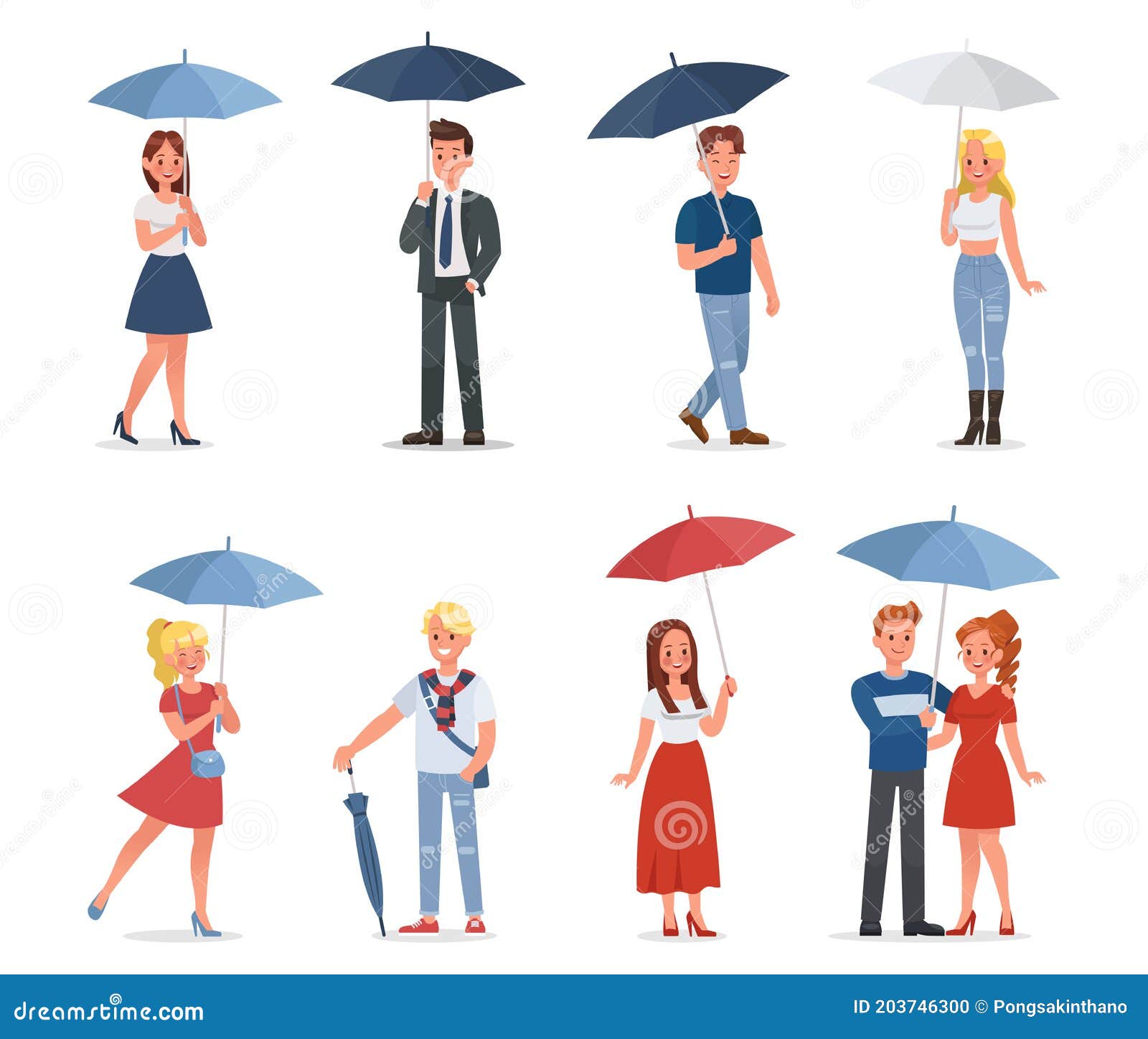 Set of Happy Man and Woman Under Umbrella Vector Character Design Stock ...