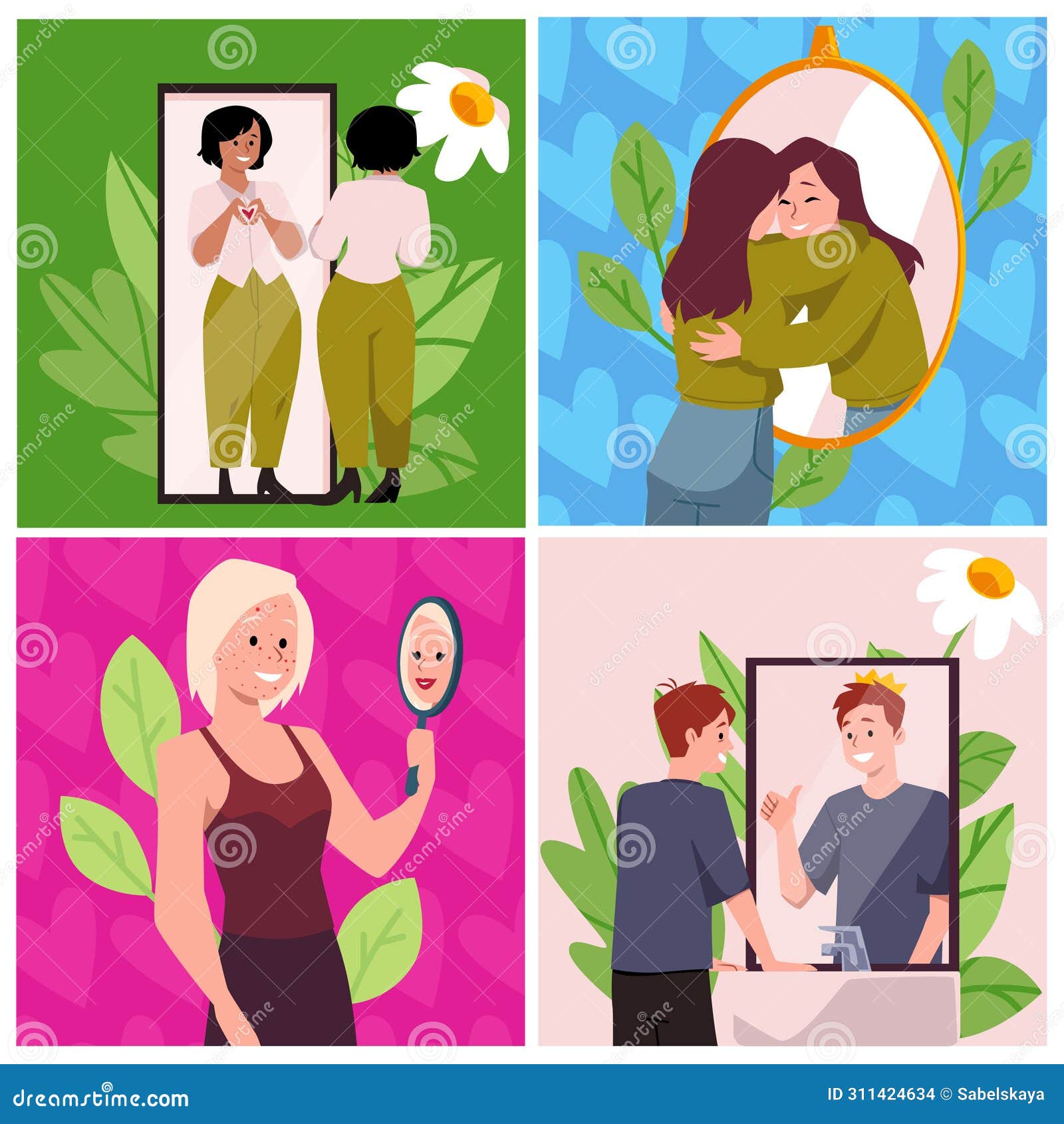Set of Happy People with Mirror Reflections Flat Style, Vector ...