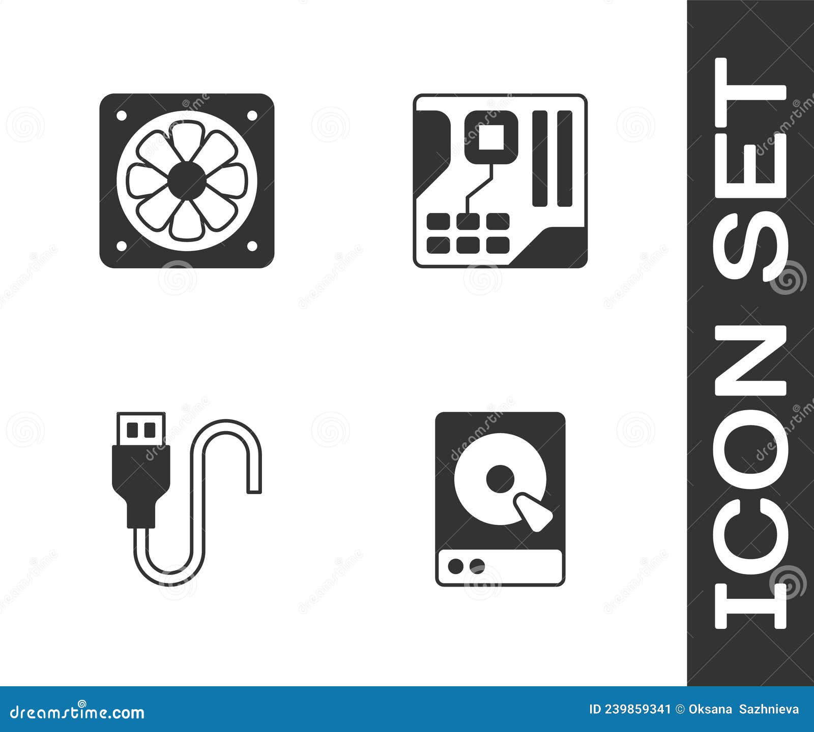 Set Hard Disk Drive Hdd Computadora Cooler Cable Usb E Icono De Chip ...