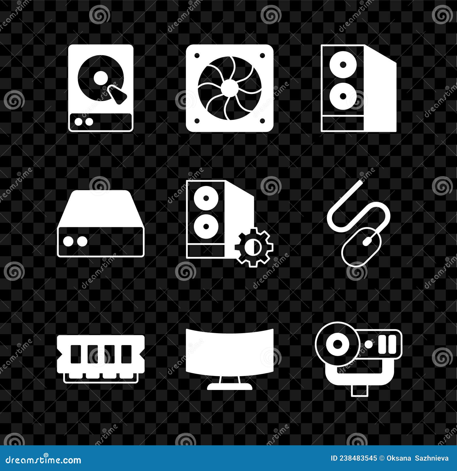 Set Hard Disk Drive HDD, Computer Cooler, Case of Computer, RAM, Random Access Memory, Monitor ...