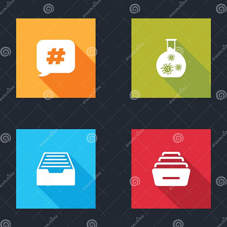 Set Hashtag Speech Bubble, Test Tube with Virus, Drawer Documents and ...