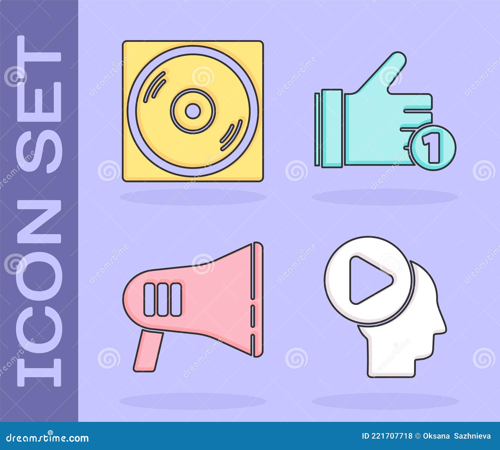 Set Head People with Play Button, Vinyl Disk, Megaphone and Hand Like ...