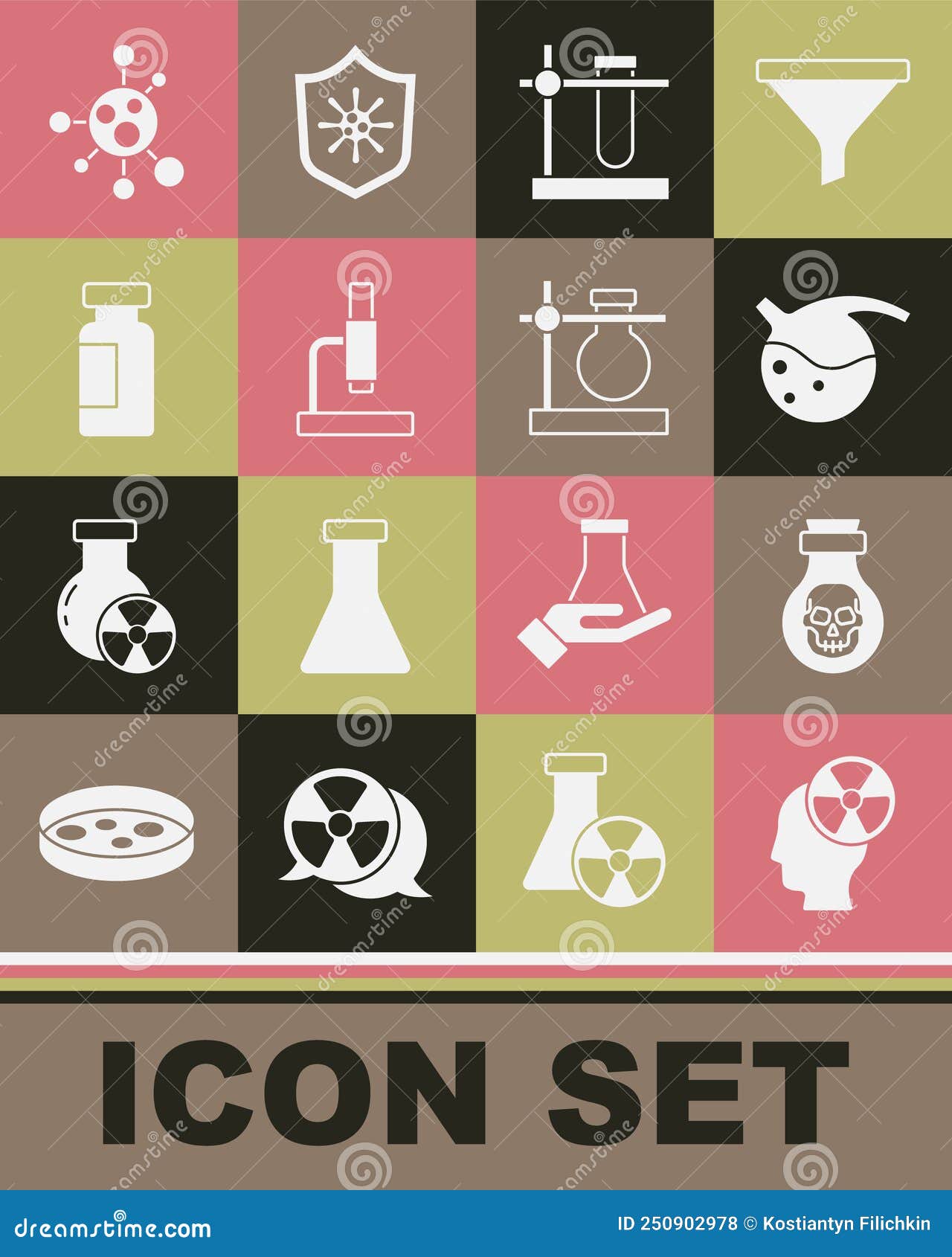 Set Head and Radiation Symbol, Poison in Bottle, Test Tube Flask, Stand ...