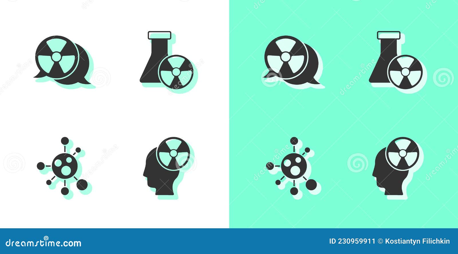 Set Head and Radiation Symbol, Radioactive, Molecule and Test Tube Icon ...