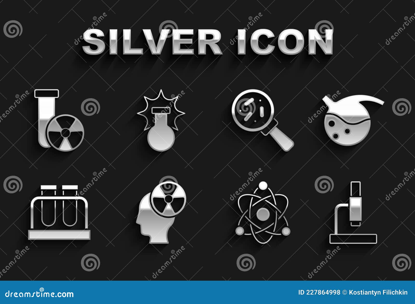 Set Head and Radiation Symbol, Test Tube Flask, Microscope, Atom ...