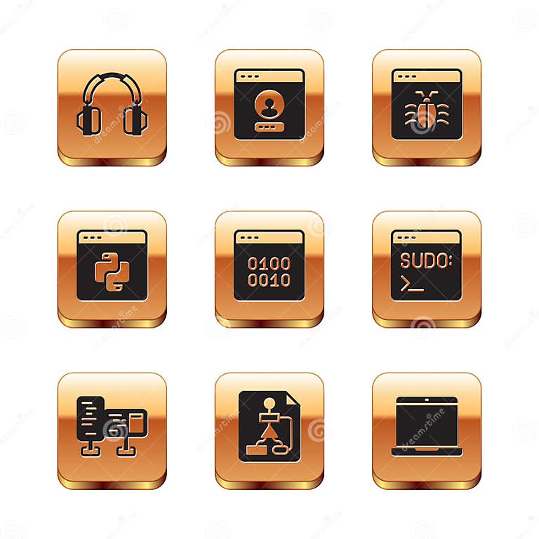 Set Headphones, Computer Monitor Screen, Flowchart, Binary Code, Python Programming Language ...