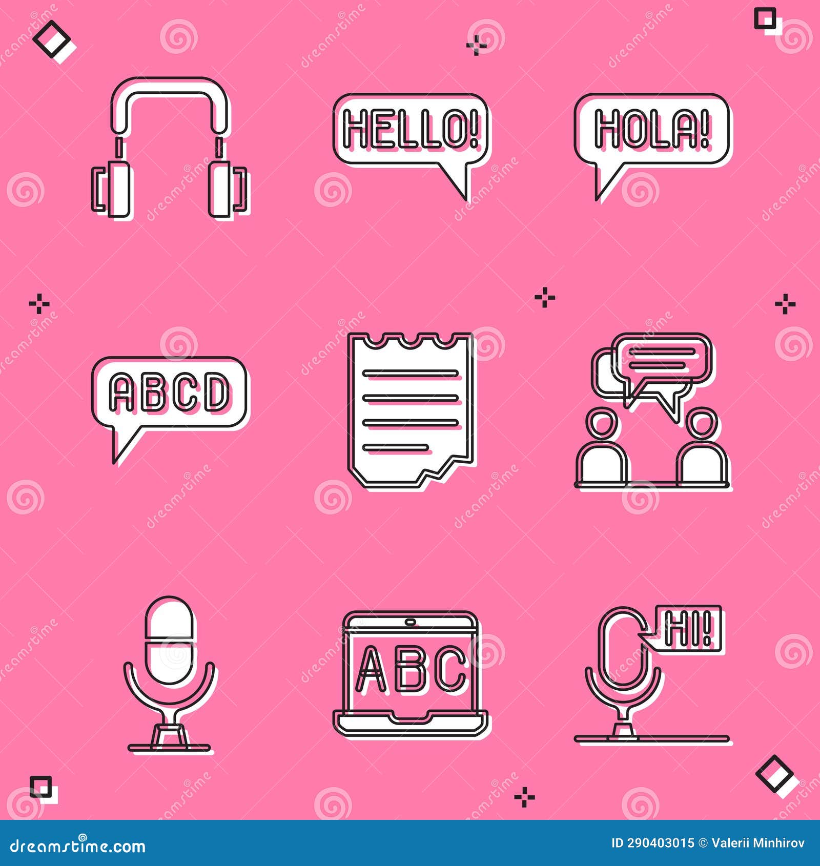 Set Headphones, Hello in Different Languages, Hola, Alphabet, Notebook ...