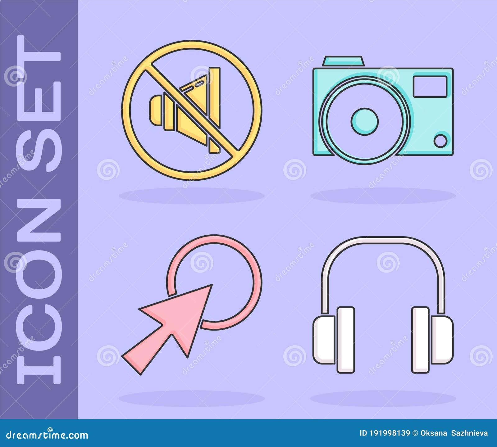 Set Headphones, Speaker Mute, Arrow Cursor and Photo Camera Icon ...