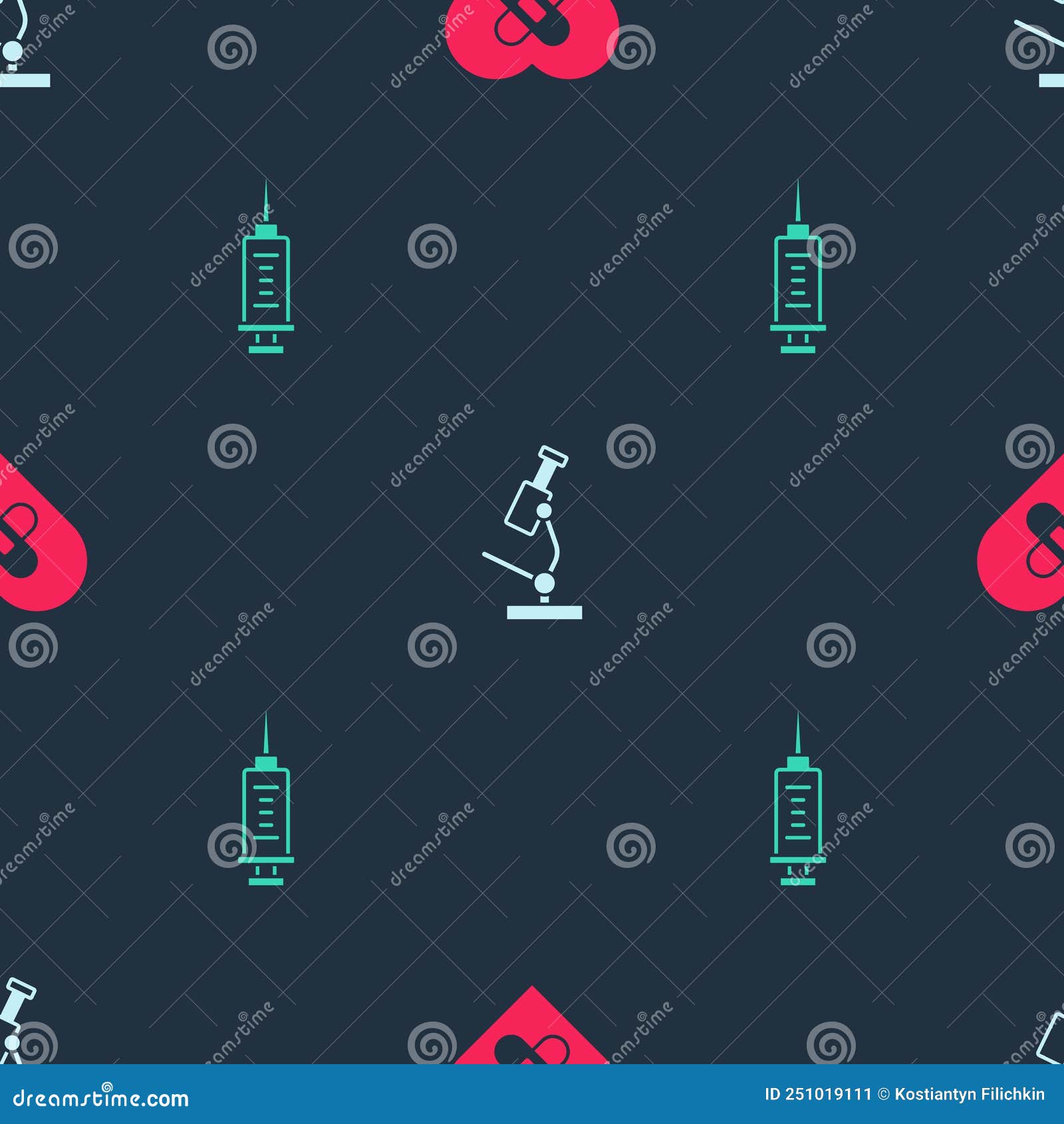 Set Healed Broken Heart, Microscope and Syringe on Seamless Pattern ...