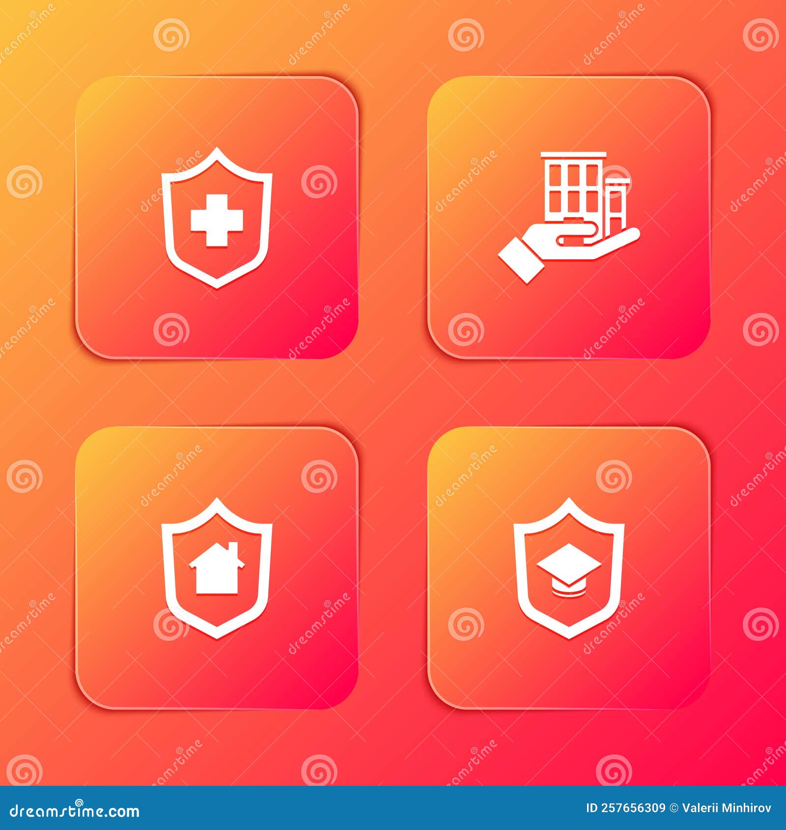 Set Health Insurance, House, with Shield and Graduation Cap Icon ...